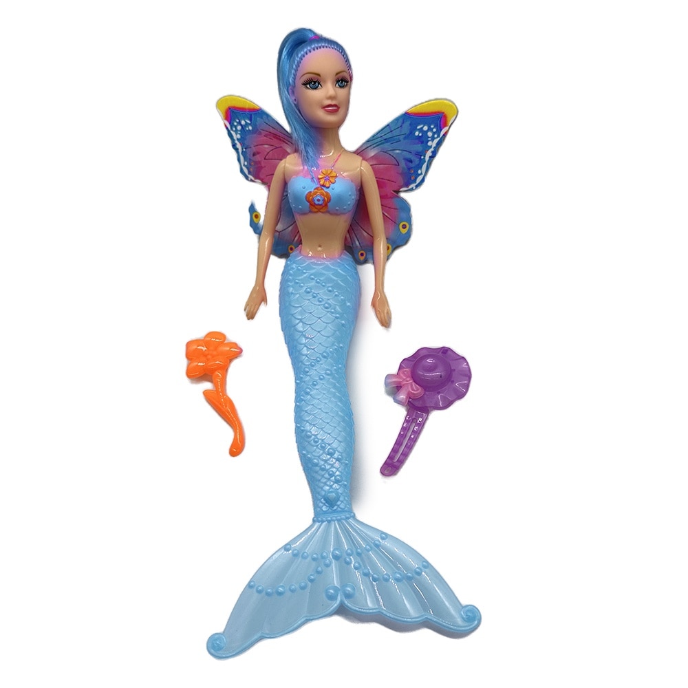 Papusa sirena, Little Mermaid, cu 2 accesorii, lumineaza, albastru ...