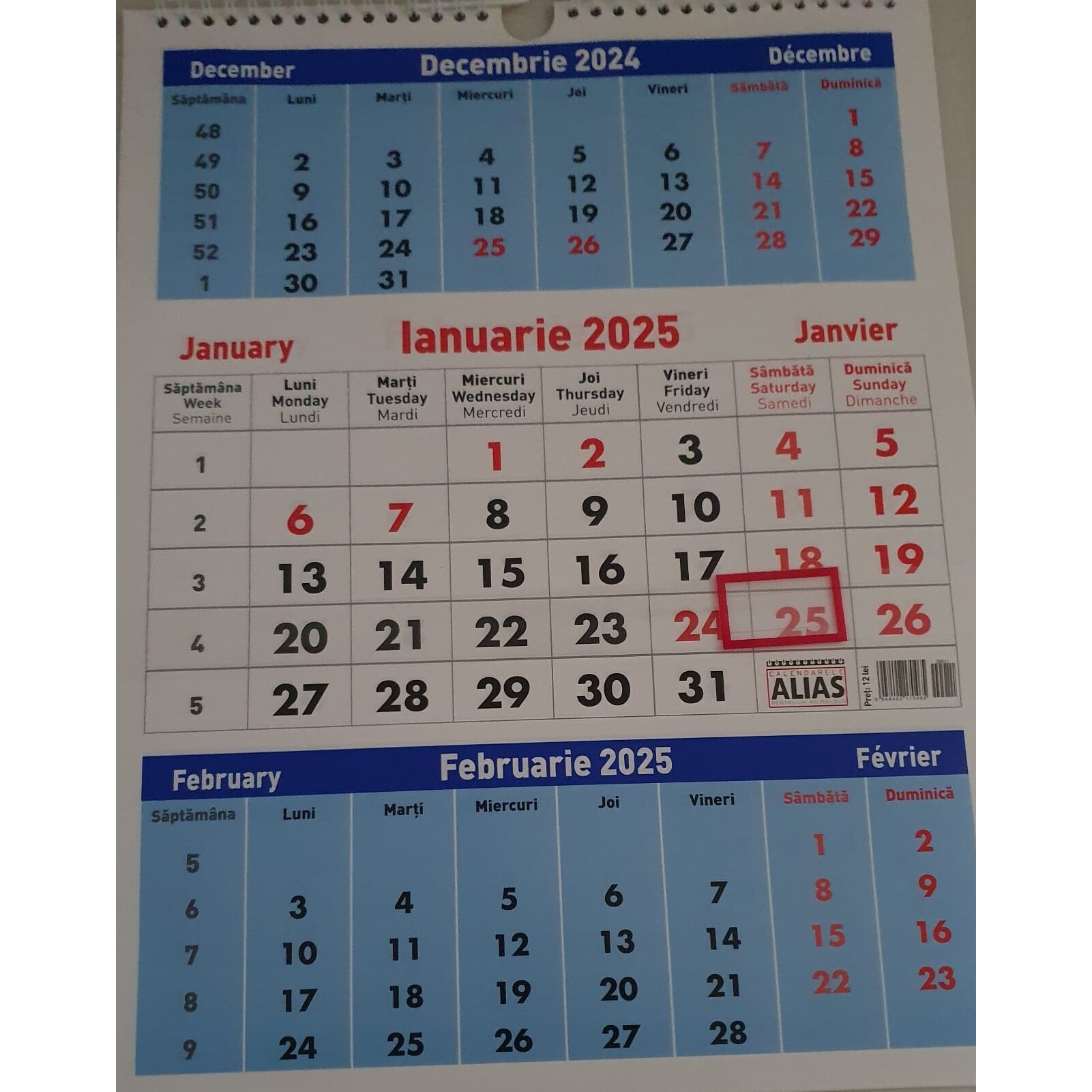 Calendar de perete triptic clasic, format A3, anul 2025 (alb - albastru ...