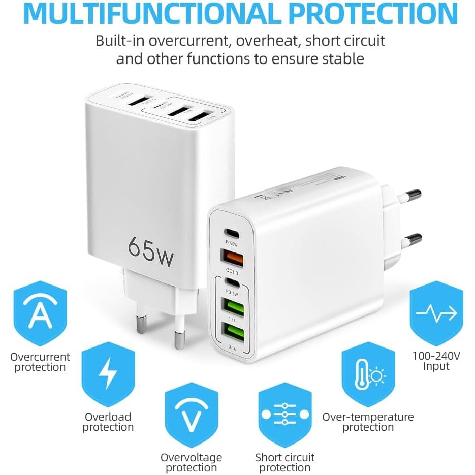Incarcator retea 65W, 5 Porturi, 65W Fast Charge, 3 x USB, 2 x Type-C ...