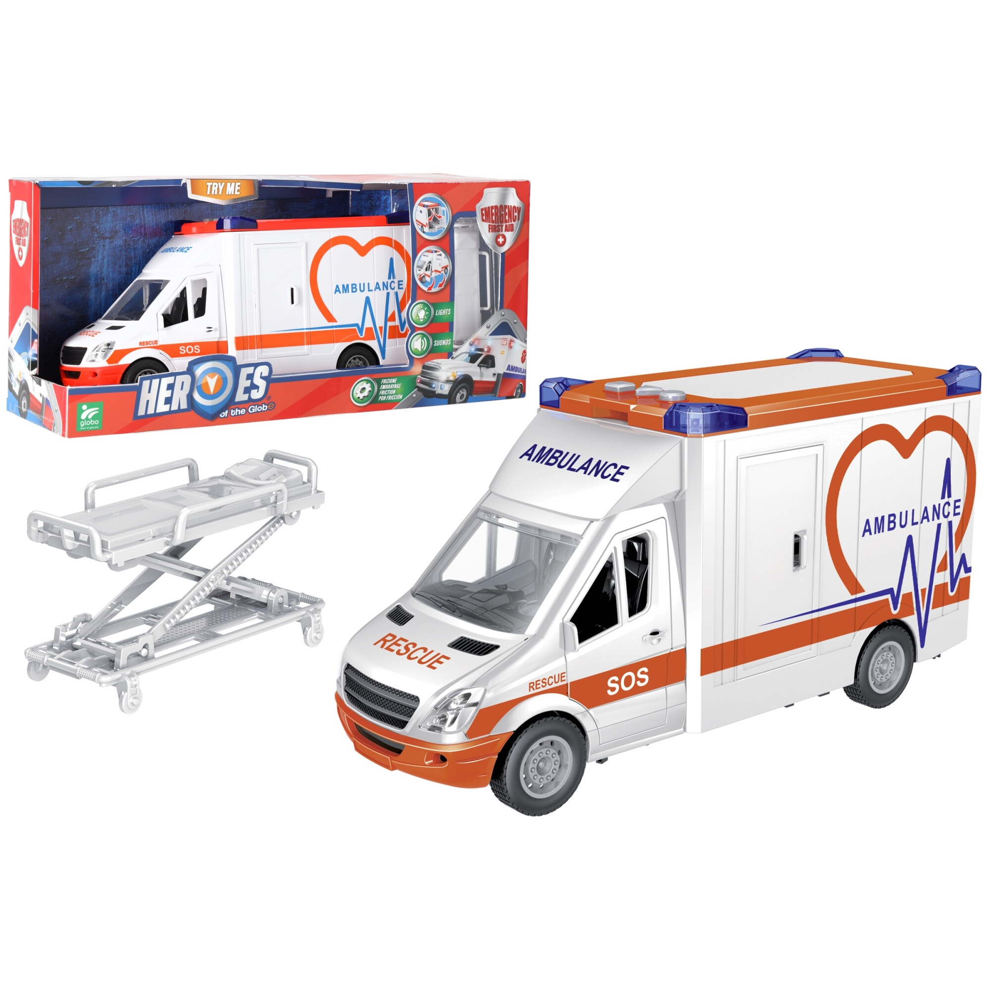 Ambulanta de jucarie pentru copii, Globo Heroes, alba, cu sunete si ...