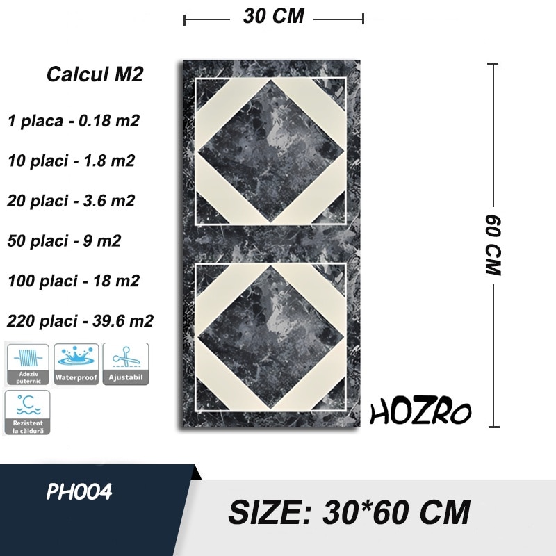 Set 10 x Placi imitatie Marmura autoadezive HOZRO, Model abstract, pentru pereti, acopera o ...
