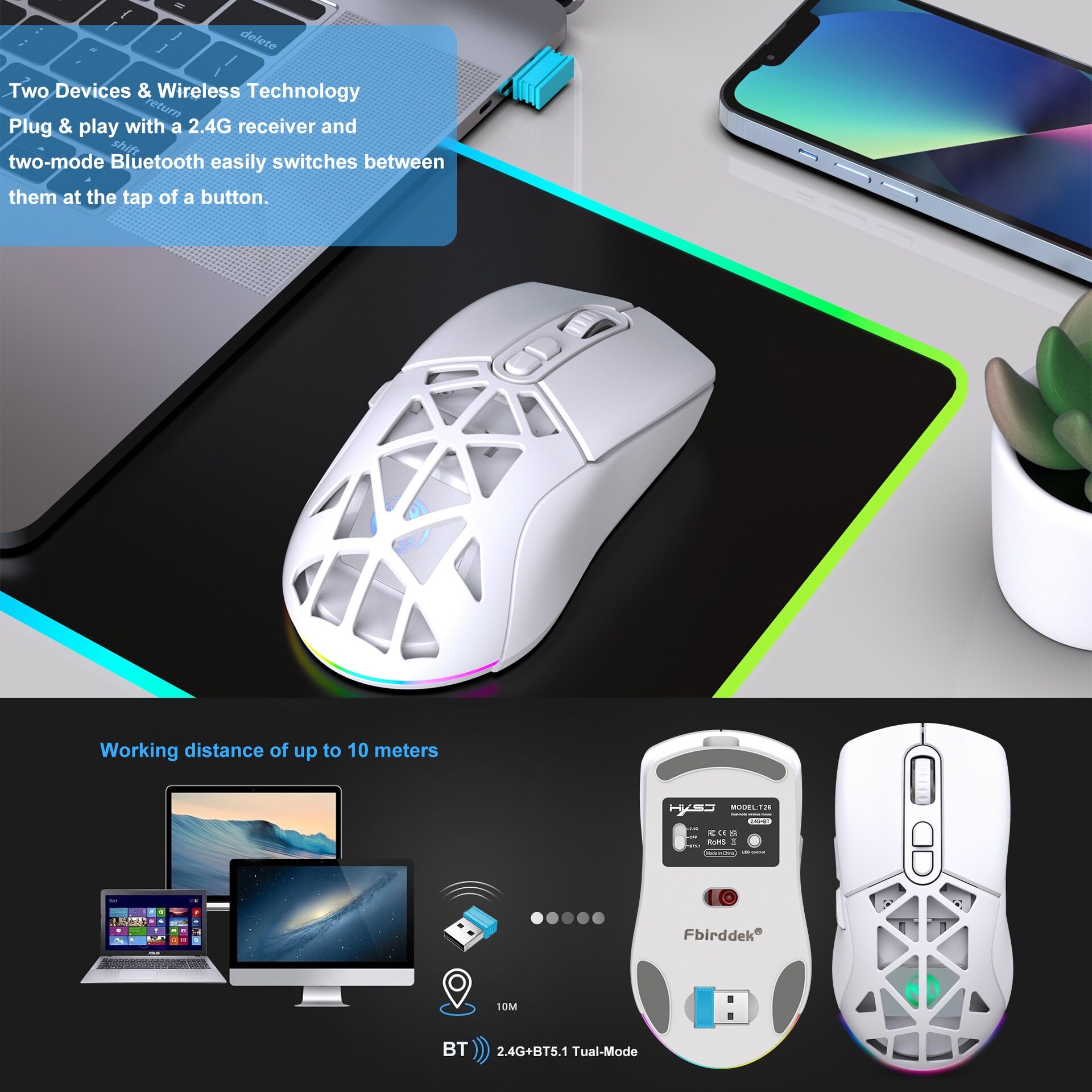 Mouse pentru gaming/birou Fbirddek® T26, Wireless/Bluetooth 2 moduri de ...