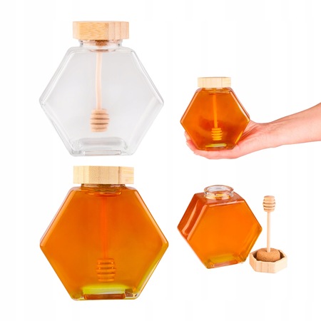 Borcan de miere cu lingura de lemn, Superbutelki, Sticla, 380ml, Hexagonal, Transparent/Maro ...