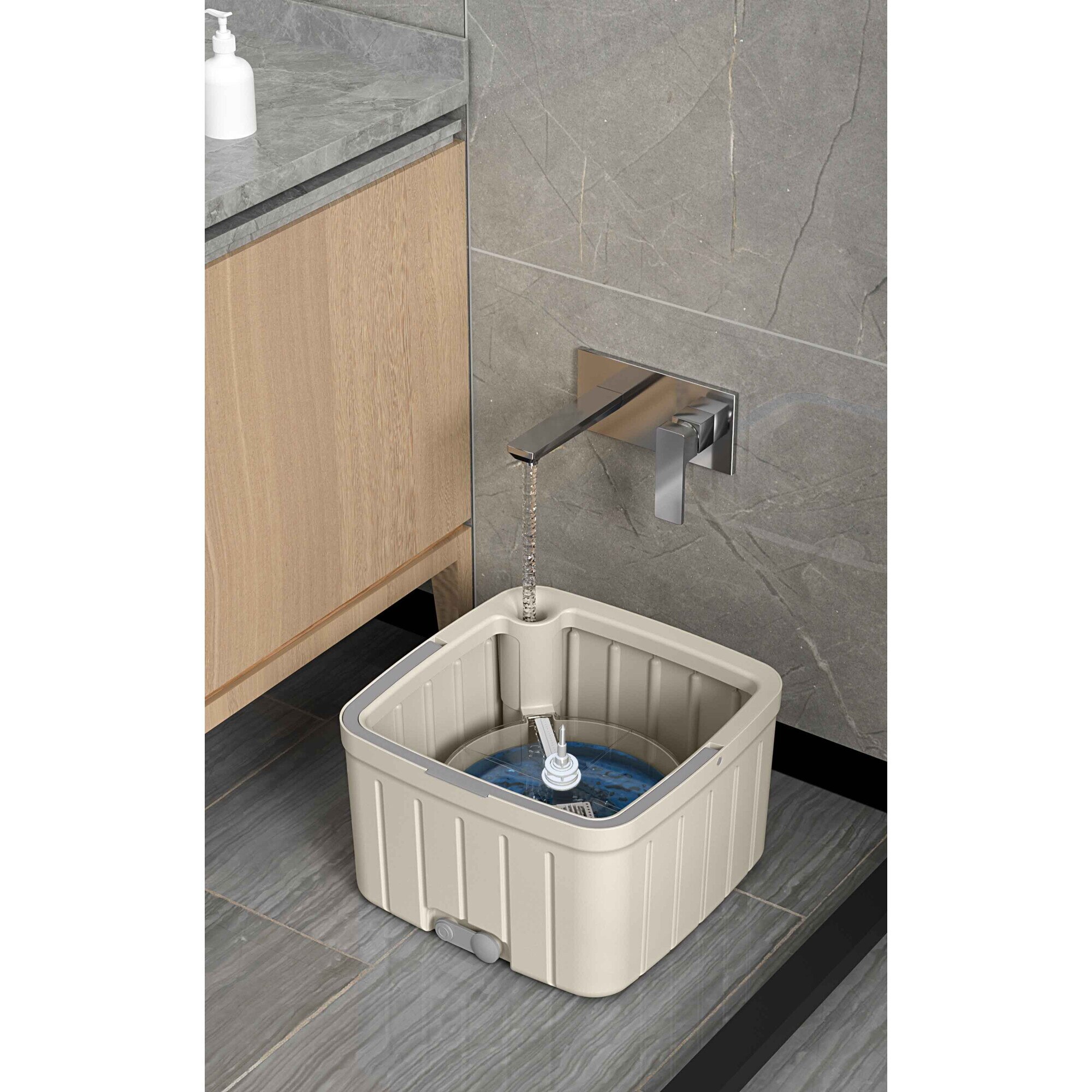Set mop rotativ cu doua rezerve Dreamramp, culoare bej, Galeata patrata ...
