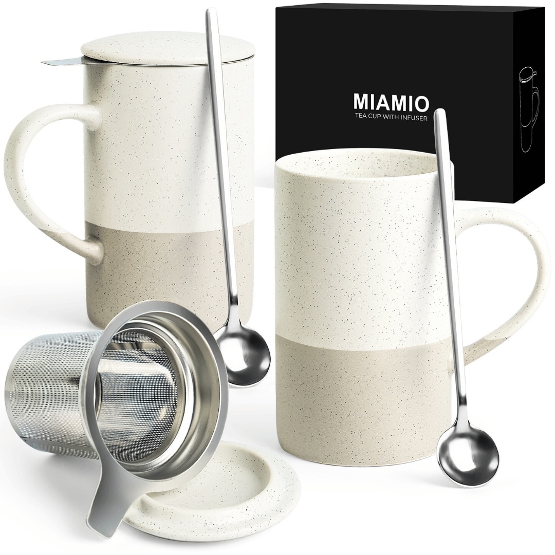 Set 2 Cani de ceai cu infuzor, cu capac si lingurita, 500ml, ceramica ...