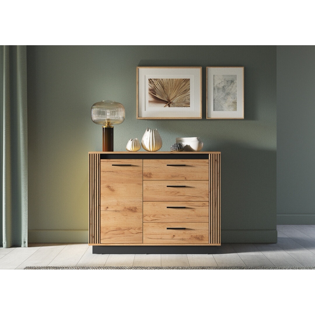 Comoda cu 4 sertare si 1 usa, stejar artisan/ insertie negru, 115x90x40 ...