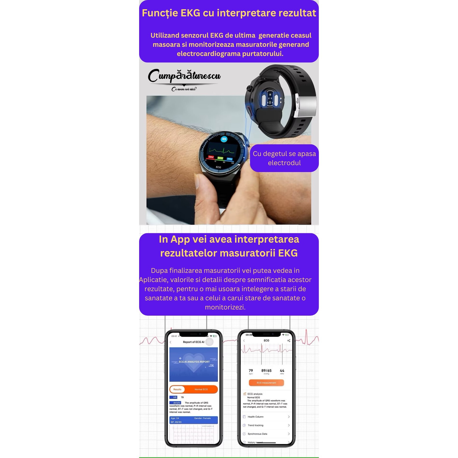 Ceas smartwatch medical, Cumparaturescu, functie de monitorizare la ...