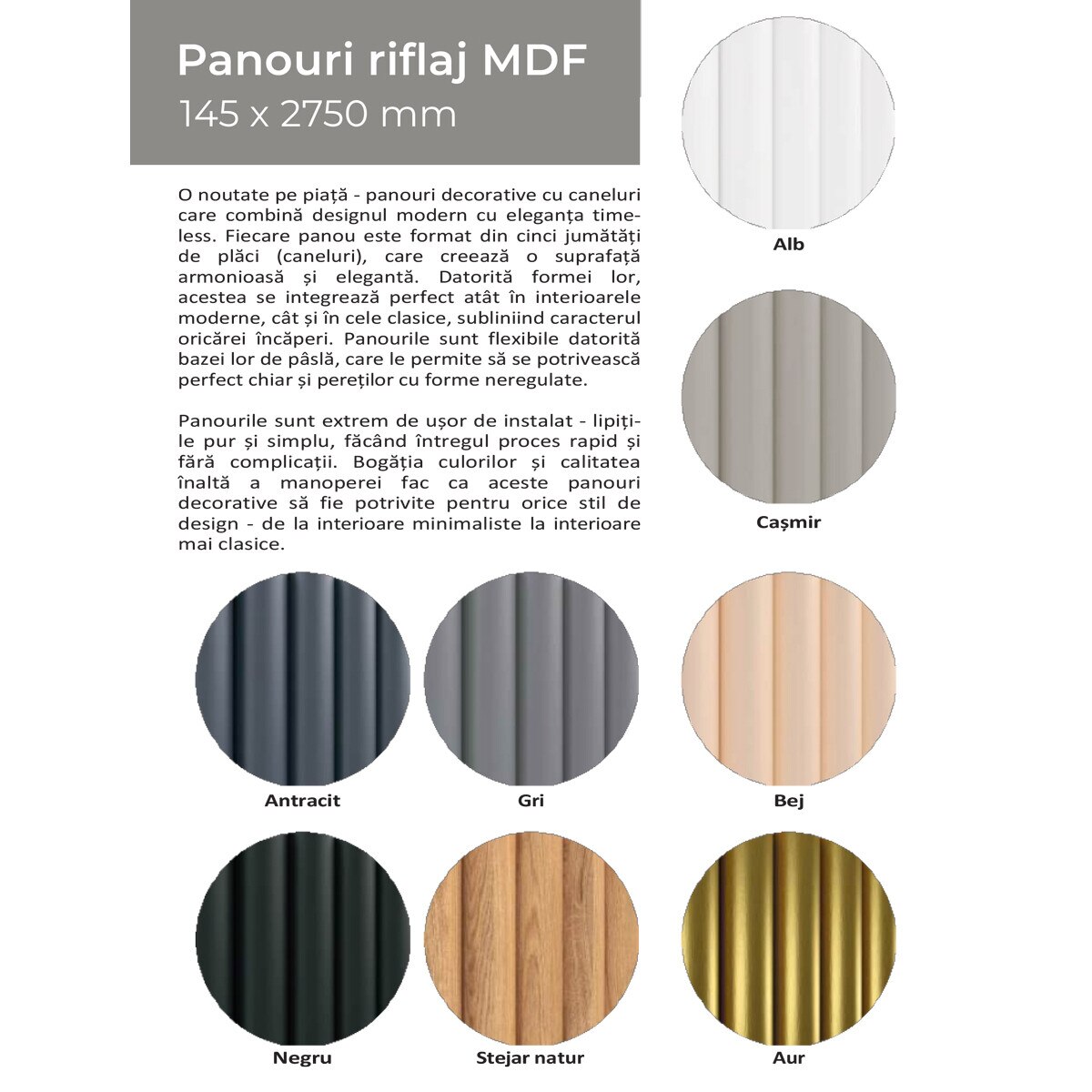 Panou riflaj acustic panou 3D de perete, MDF, Lameo, 14.5x275cm, Casmir ...