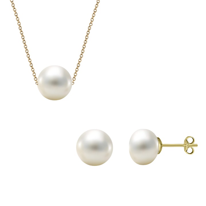 Set Aur 585 -14K si perle de cultura, cercei fluturasi aur cu perle 7mm ...