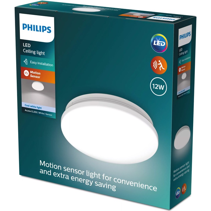 Plafoniera LED Philips Acuna CL253, cu senzor de miscare, 12W, 1500 lm ...