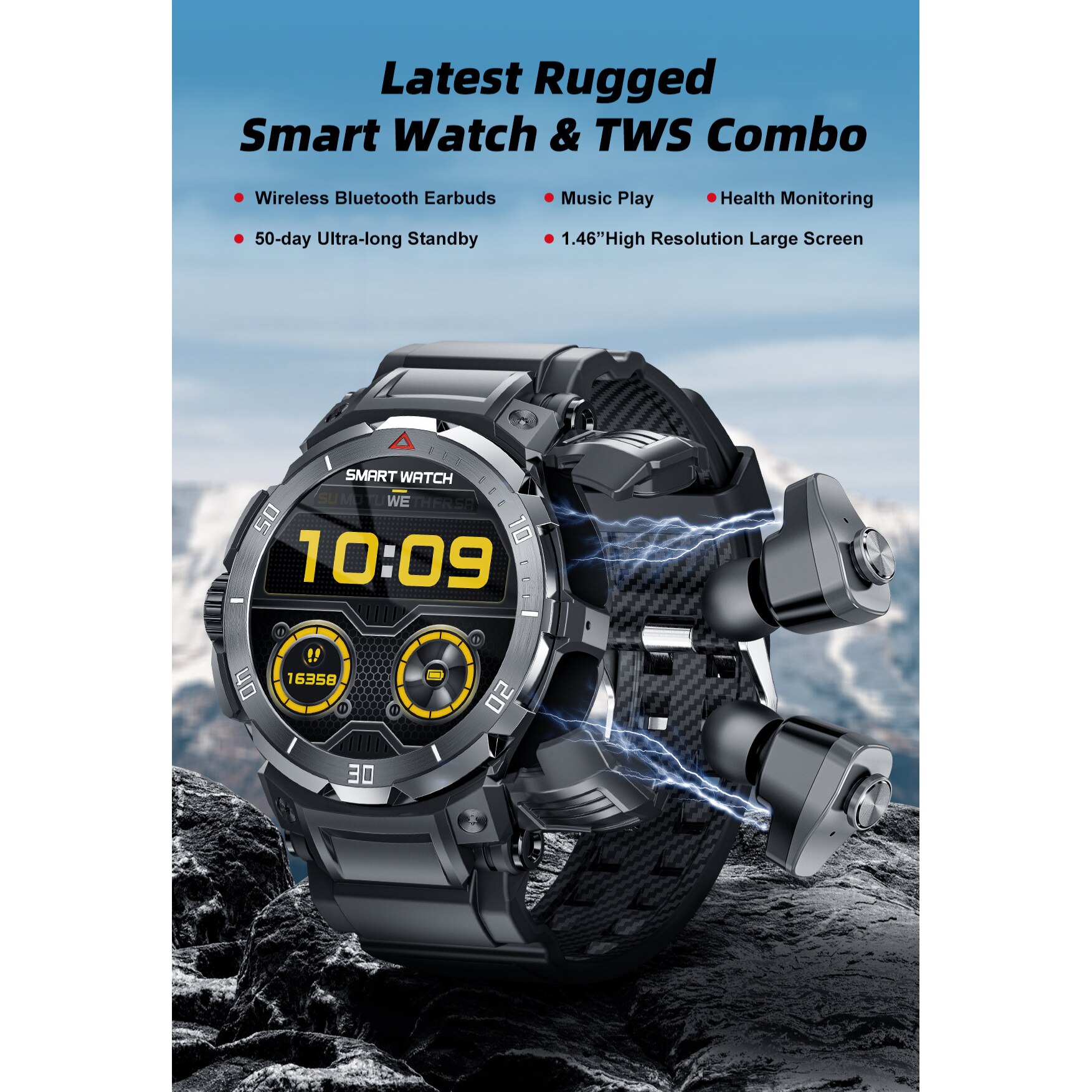 Ceas smartwatch cu casti Bluetooth TWS incorporate DAMAIU, Compatibil ...
