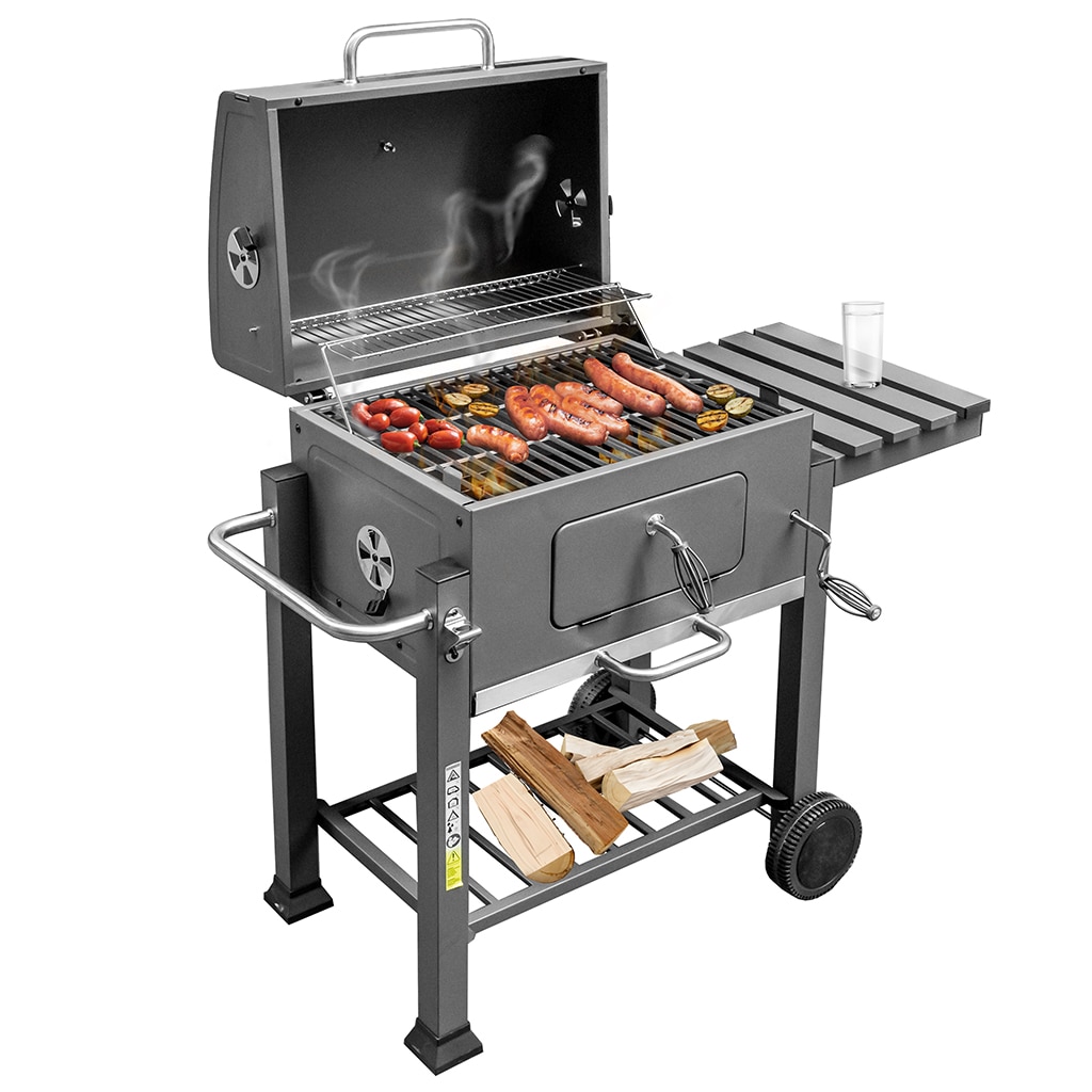 Gratar gradina Mega-M, cu capac si gratar din fonta, 56x42cm, cu masa laterala - eMAG.ro