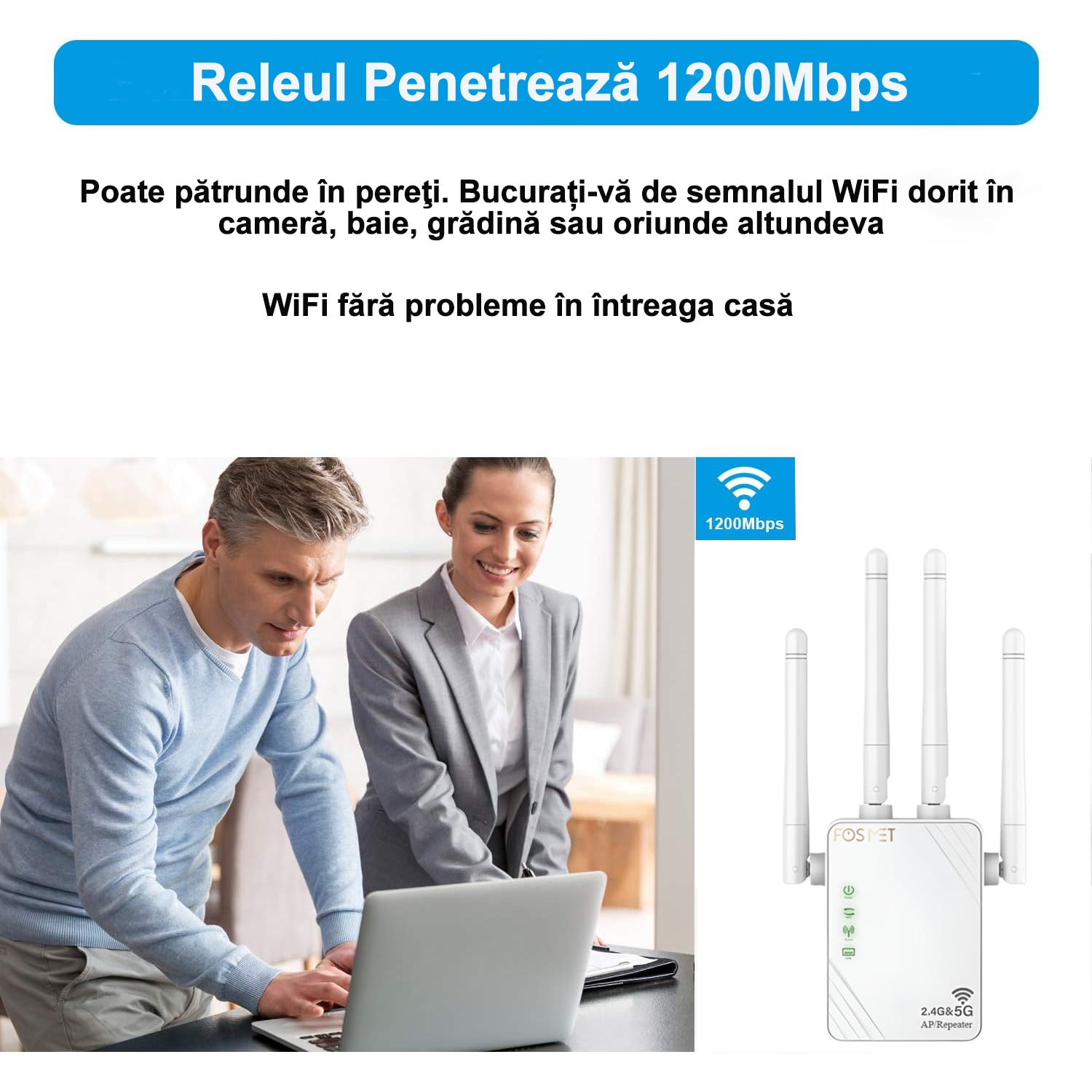 Range Extender WiFi FOSMET®, Amplificator Semnal Wireless, AC 1200Mbps ...