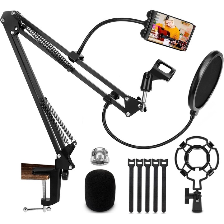Suport microfon profesional, EXCITAT®, Asamblare birou, Reglabil 360 ...