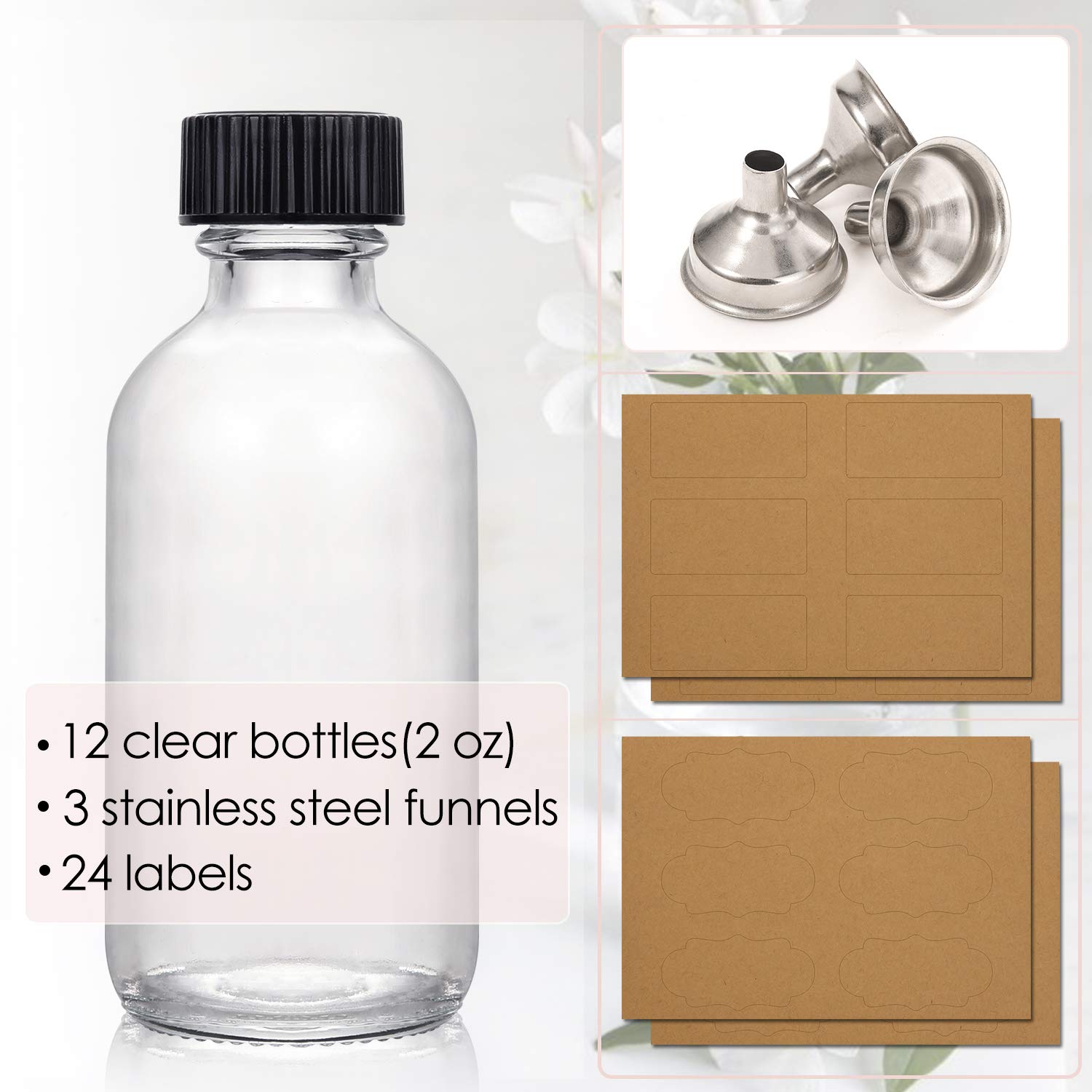 Set 12 sticle din sticla 2oz cu capac si 3 palnii din otel inoxidabil ...