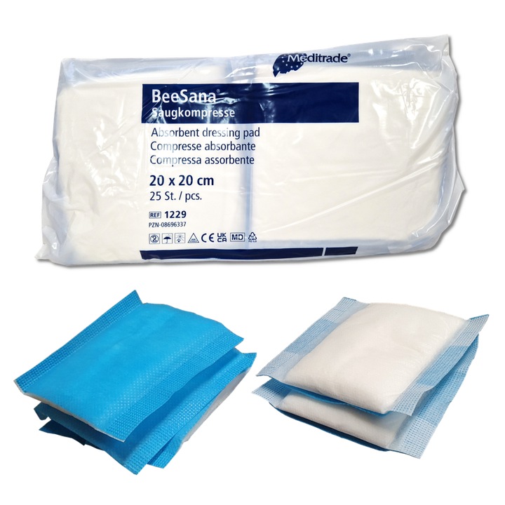 Set Comprese nesterila Meditrade, 20x20 cm, absorbant, alb-albastru, 25 ...