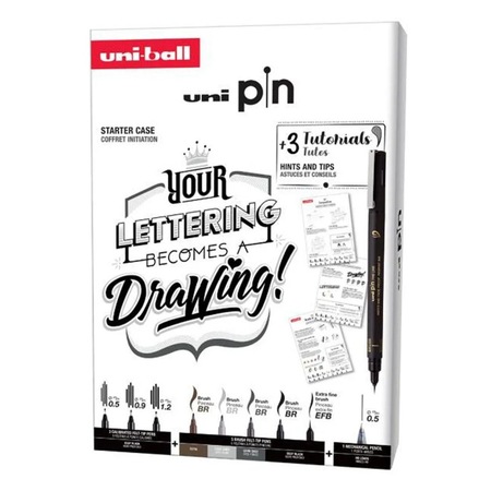 Set UNI PIN Lettering Starter Case, 8 linere + 1 creion mecanic Shalaku ...