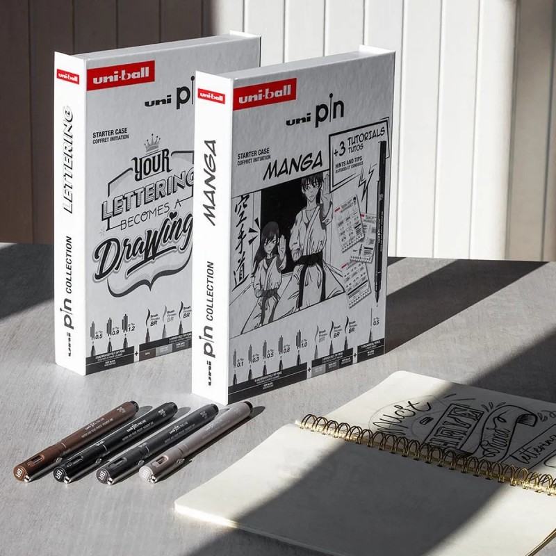 Set UNI PIN Lettering Starter Case, 8 linere + 1 creion mecanic Shalaku ...