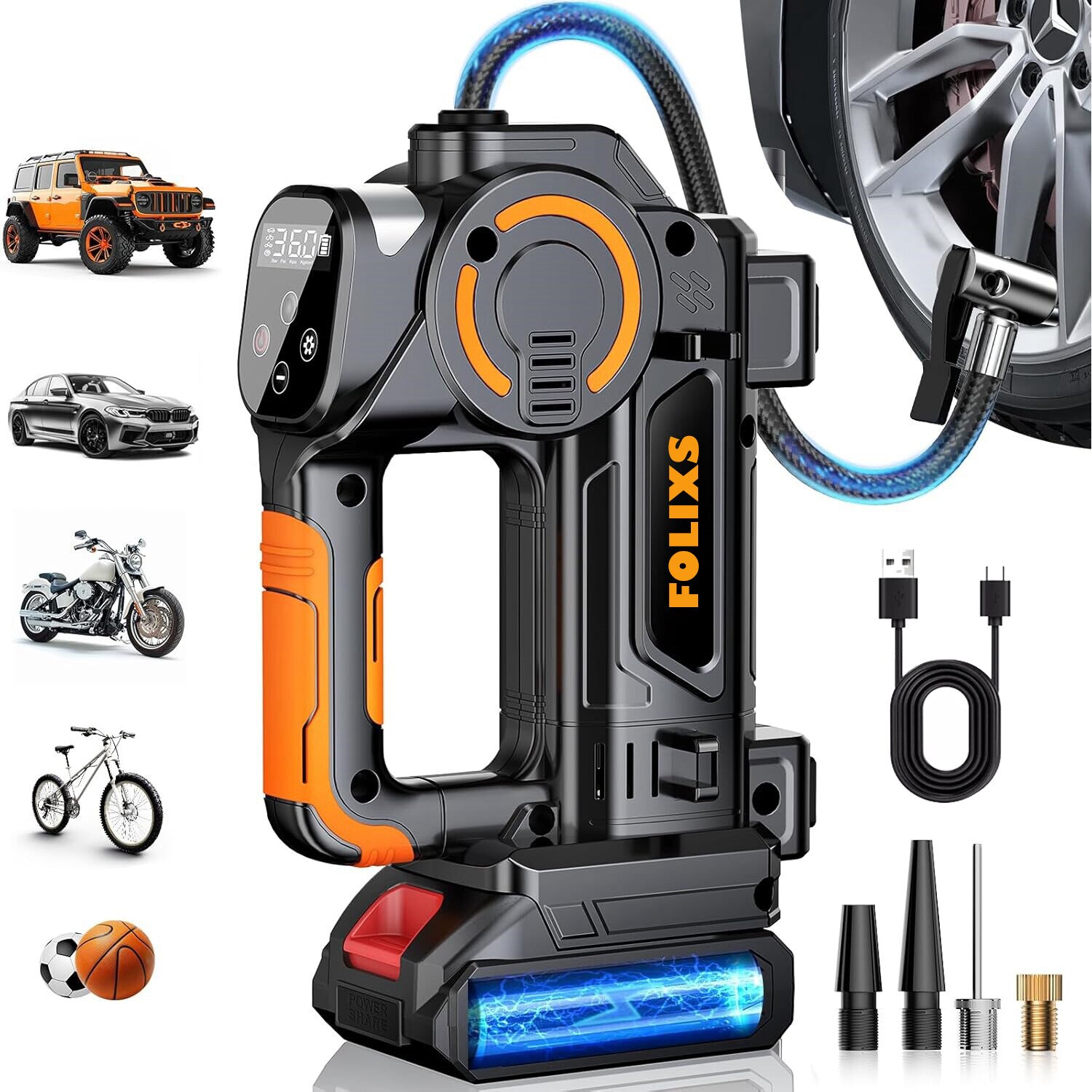 Compresor auto digital 6 in 1, Folixs®, 140W, 45 L/min, inflatie 160 ...