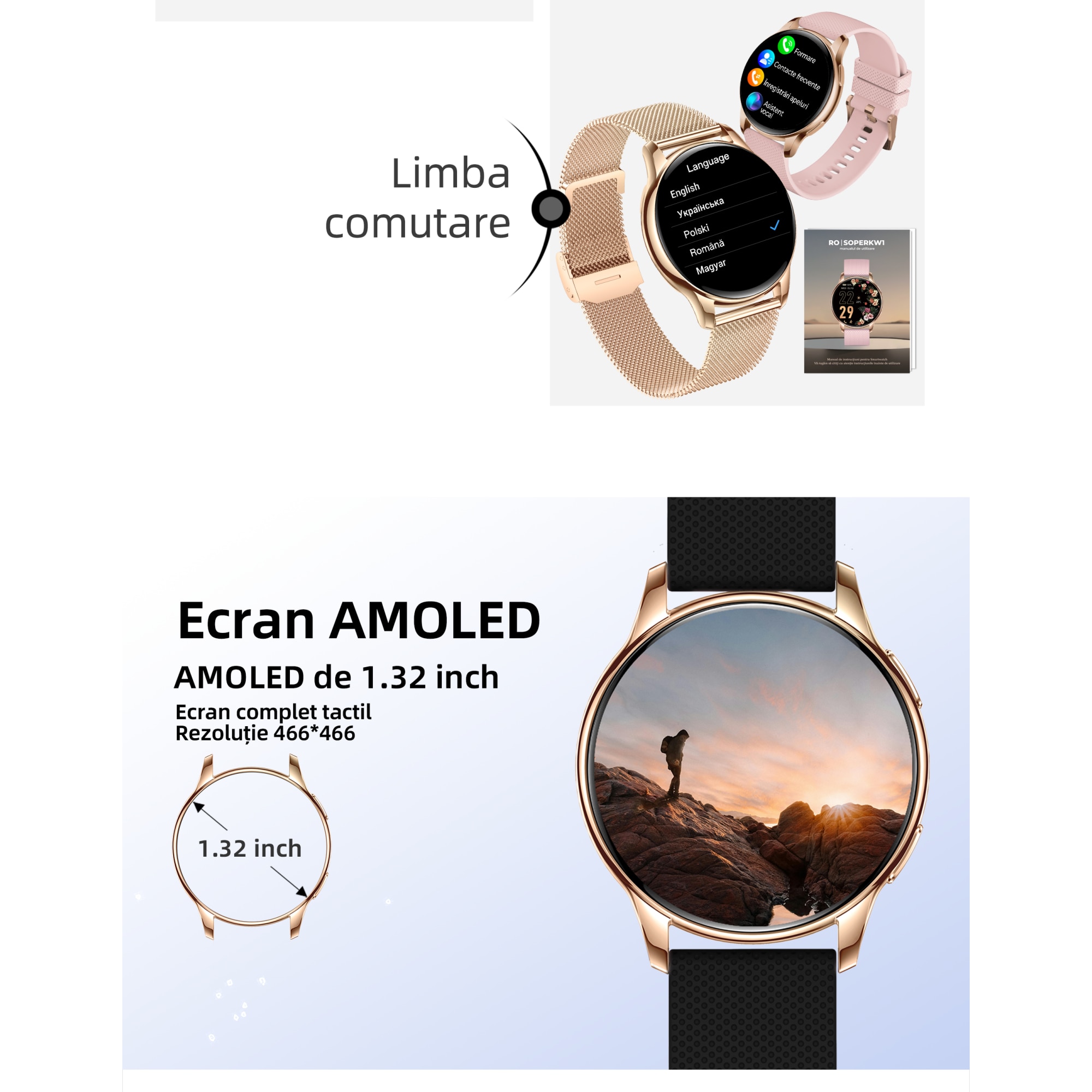 Ceas Smartwatch, AMOLED, ecran HD 1.32", inteligent, fitness, sport ...