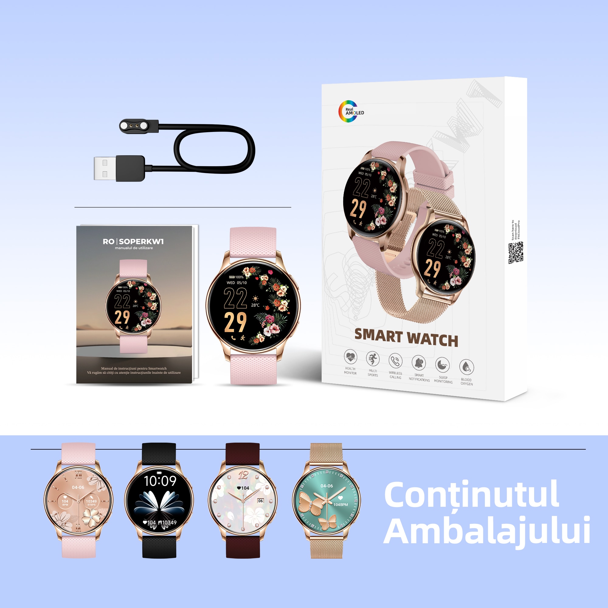 Ceas Smartwatch, AMOLED, ecran HD 1.32", inteligent, fitness, sport ...