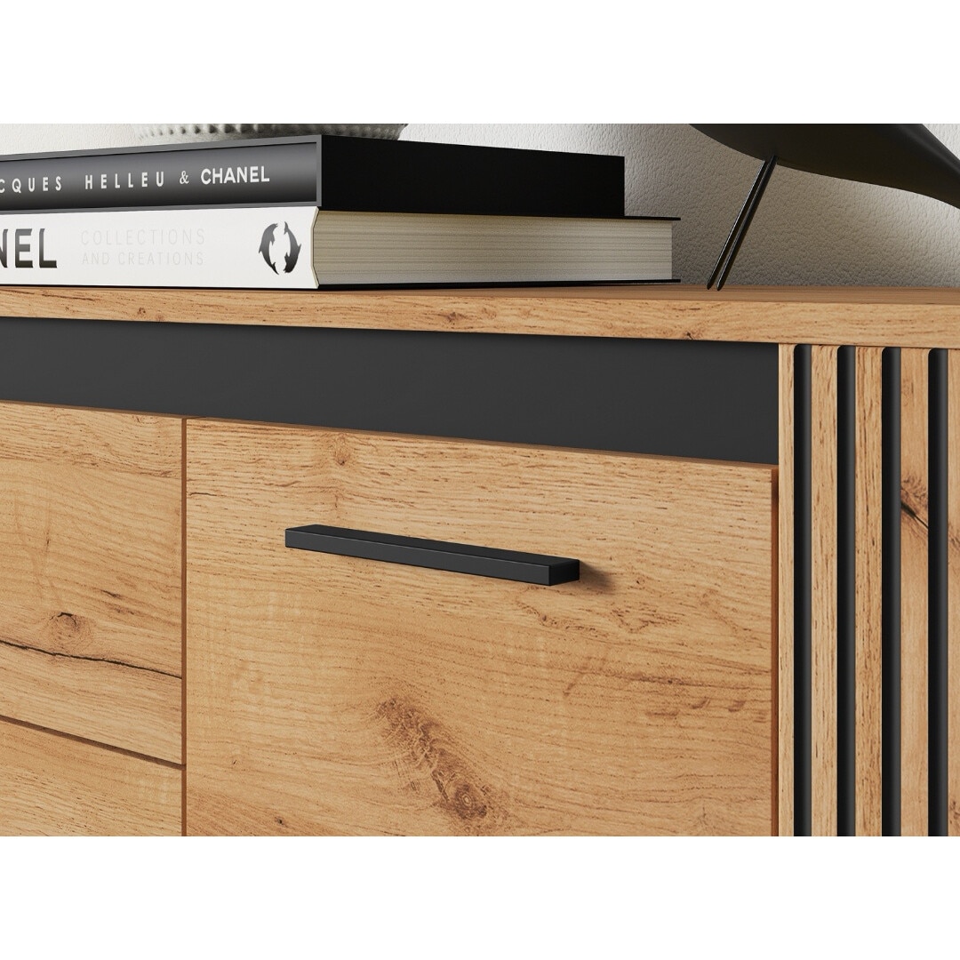 Comoda cu 4 sertare si 2 usi, stejar artisan/ insertie negru, 160x90x40 ...