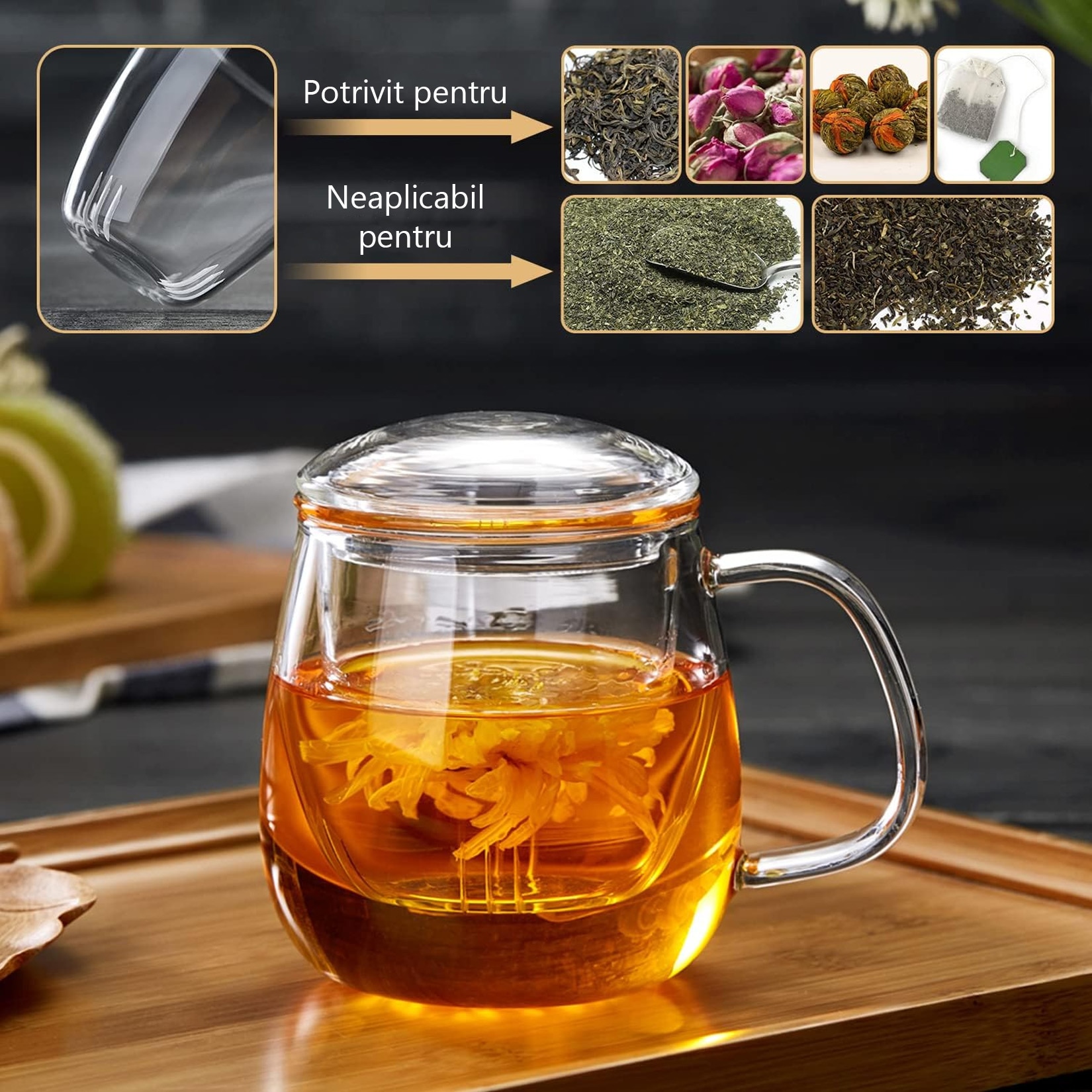 Set 2 Cani cu Infuzor si Capac Bambus, Ceainice cu Infuzor din Sticla ...