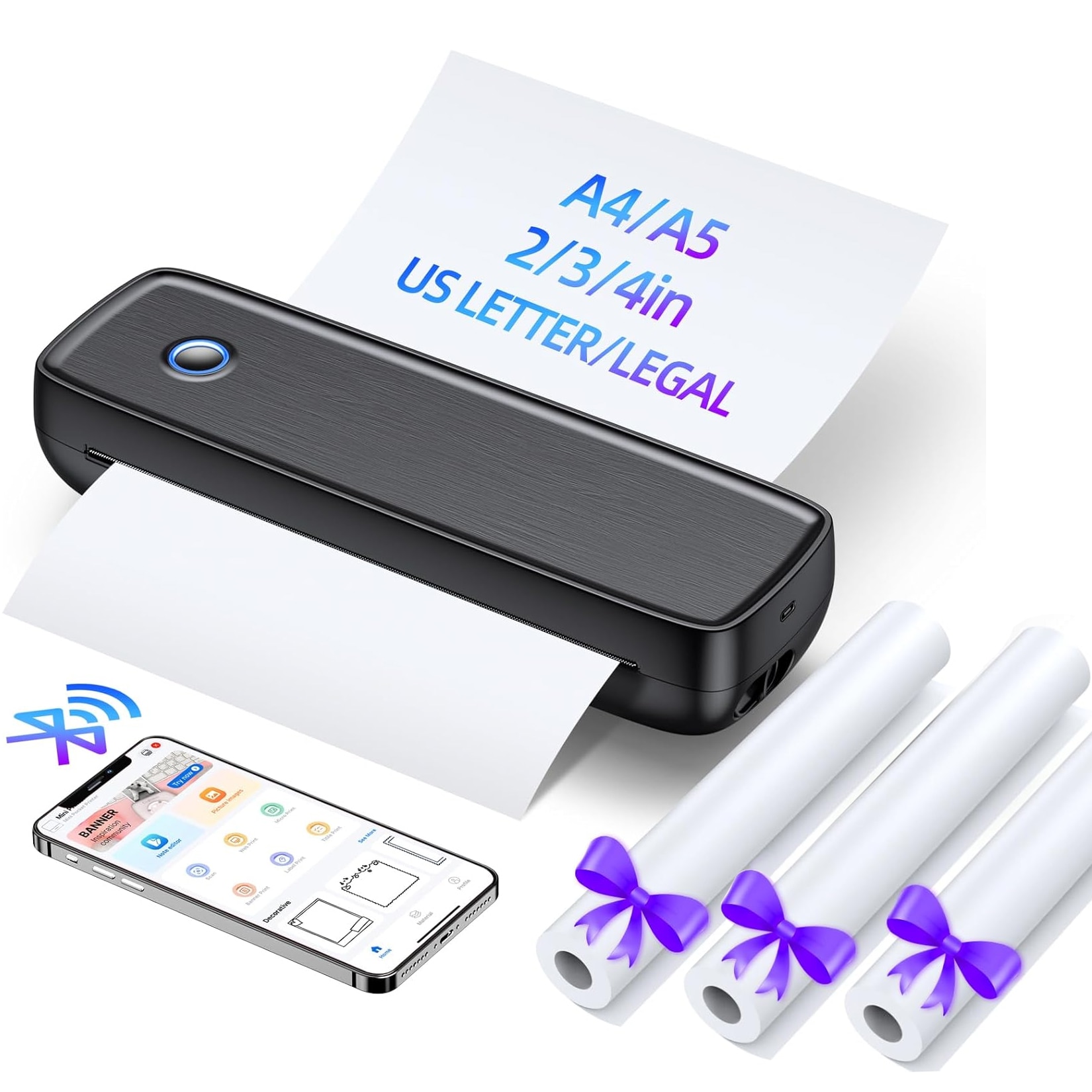 Imprimanta Termica Portabila A4, Printare Termica Directa, Bluetooth, USB, Compatibila cu iOS ...