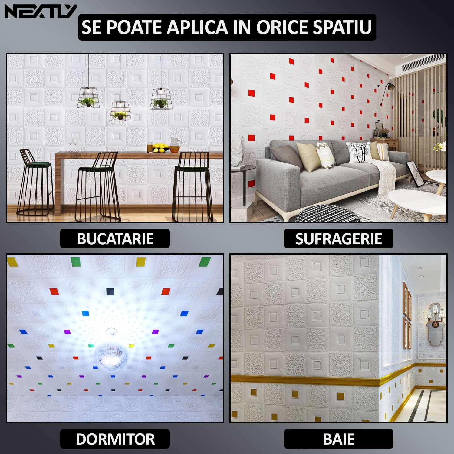 Set 10 x tapet autoadeziv 3D NEXTLY, pentru tavan/perete, design ...