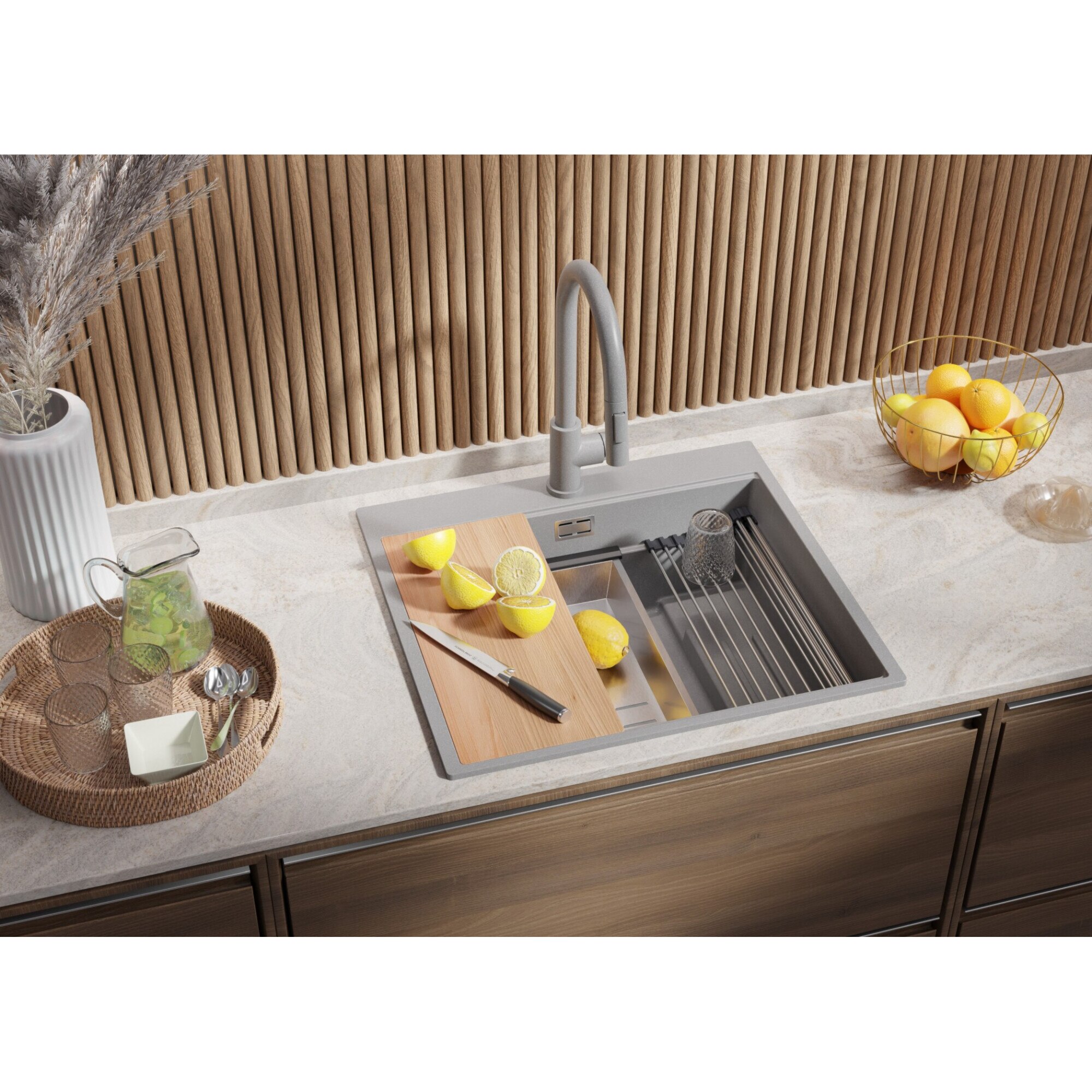 Chiuveta de bucatarie din granit 58x53cm, Chiuveta 1 Cuva + Sifon + Set ...