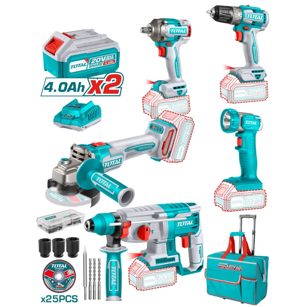 Set de scule fara acumulator TOTAL INDUSTRIAL, 20 V, 2 x 4 Ah - eMAG.ro