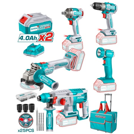 Set de scule fara acumulator TOTAL INDUSTRIAL, 20 V, 2 x 4 Ah - eMAG.ro
