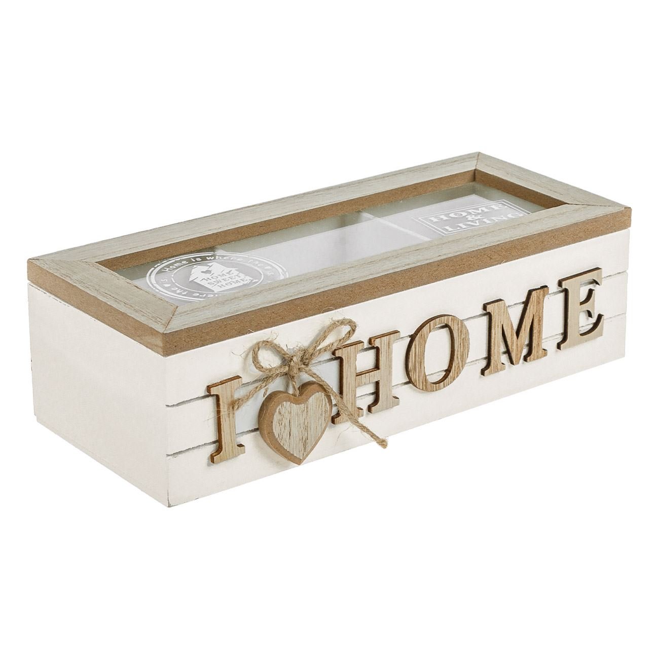 Fa tároló doboz, Model I Love Home, 3 rekeszes, üvegablak, mérete ...