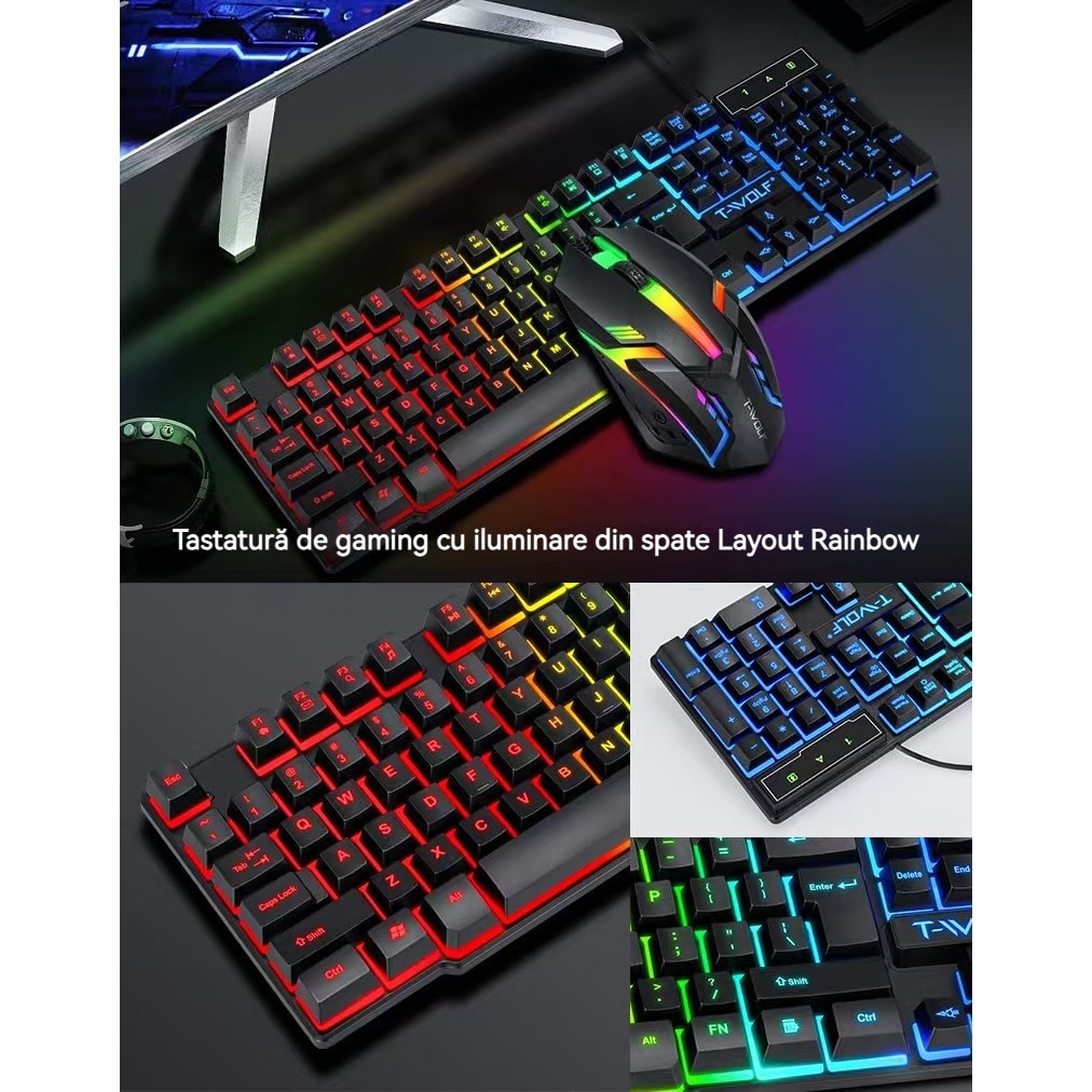 Set gaming 5 in 1 Excitat® cu tastatura, mouse, casti si boxe cu ...