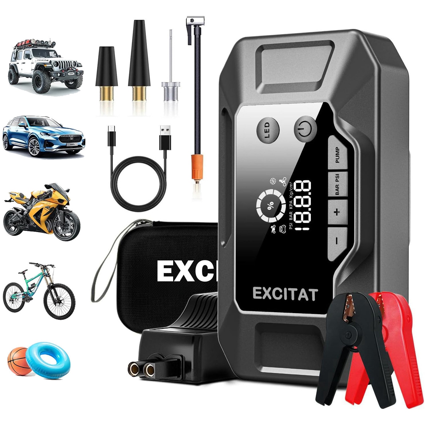 Starter auto portabil cu compresor 4 in 1, Excitat®, 3000A, 150PSI, 12V ...