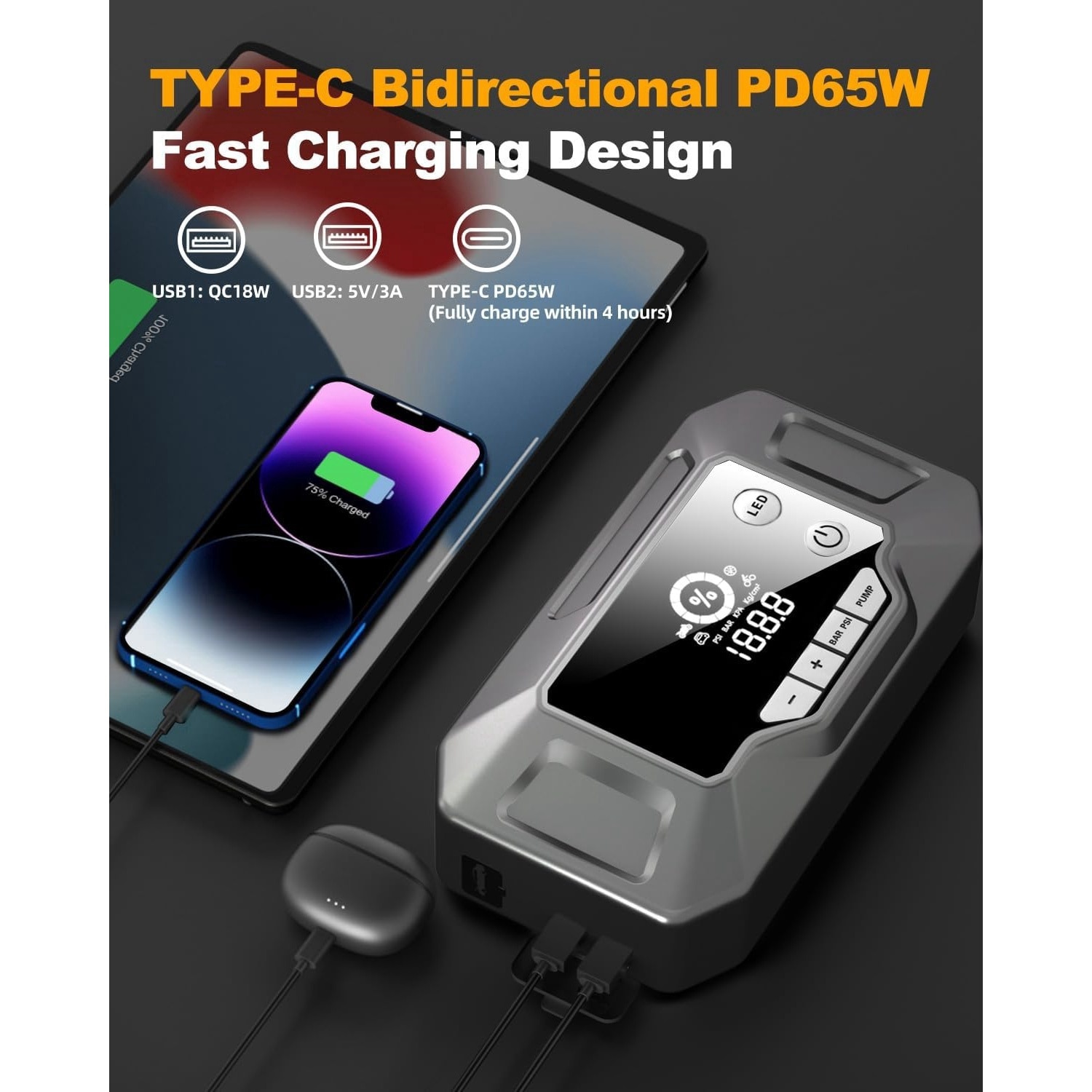 Starter auto portabil cu compresor 4 in 1, Excitat®, 3000A, 150PSI, 12V ...