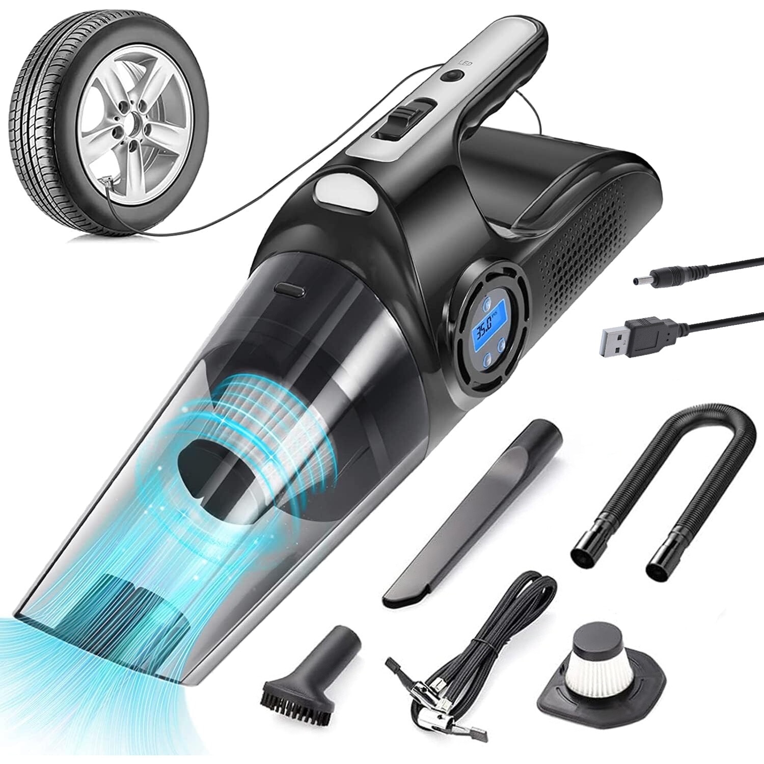 Aspirator Auto si Compresor Portabil Multifunctional cu Acumulator ...