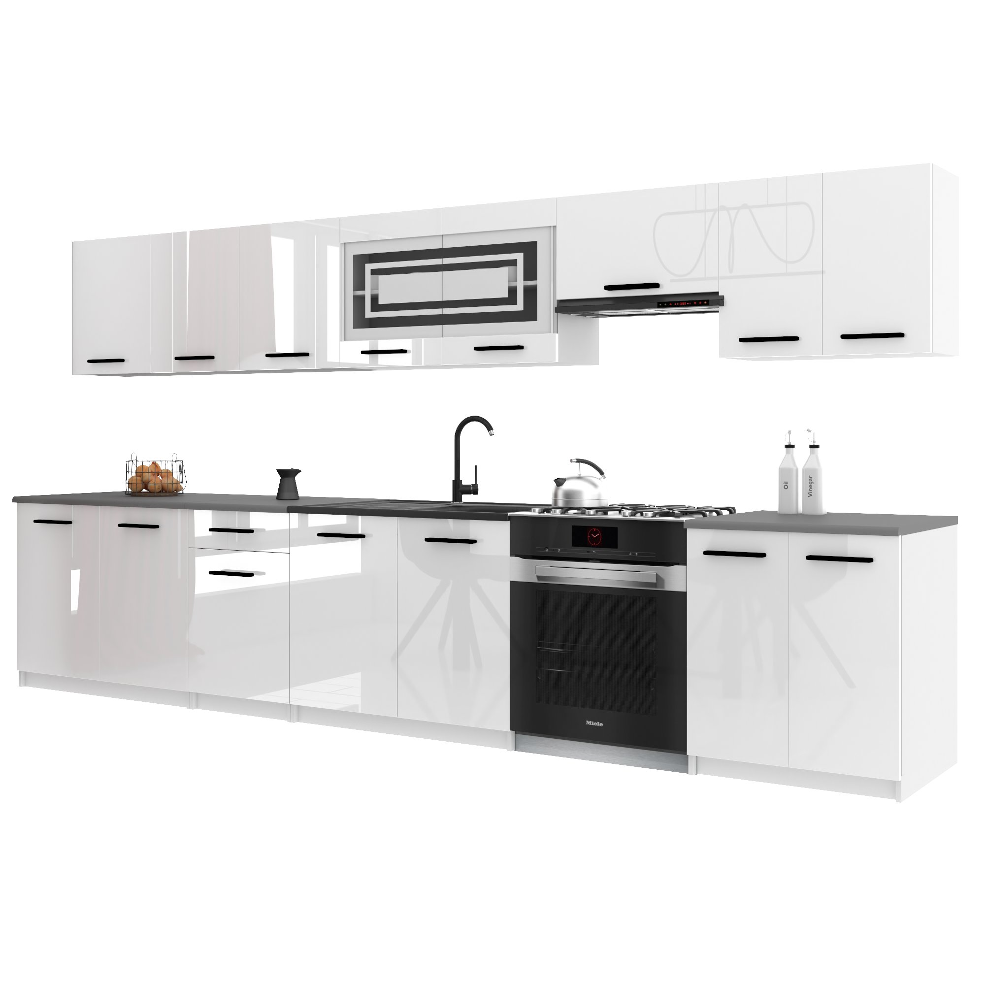 Set mobila bucatarie Bellini Italia 3, alb lucios, blat inclus, 15 usi ...
