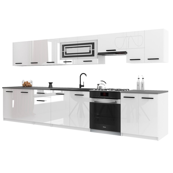 Set mobila bucatarie Bellini Italia 3, alb lucios, blat inclus, 15 usi ...