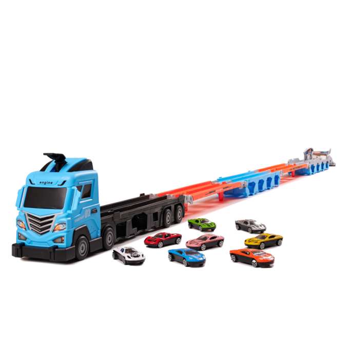 Set Camion de Jucarie pentru Transport cu masinute de curse, trailer, 8 ...