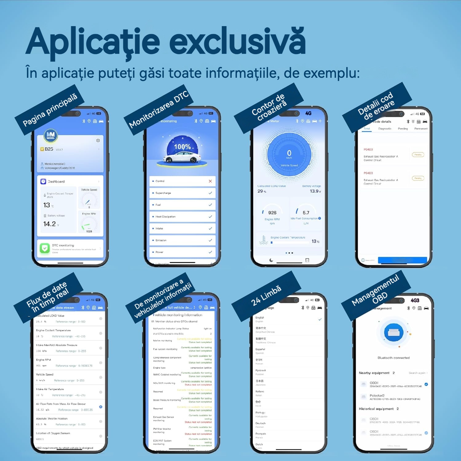 Tester Diagnoza Auto Portabil Excitat®, Scanner OBD2 Bluetooth Pro ...