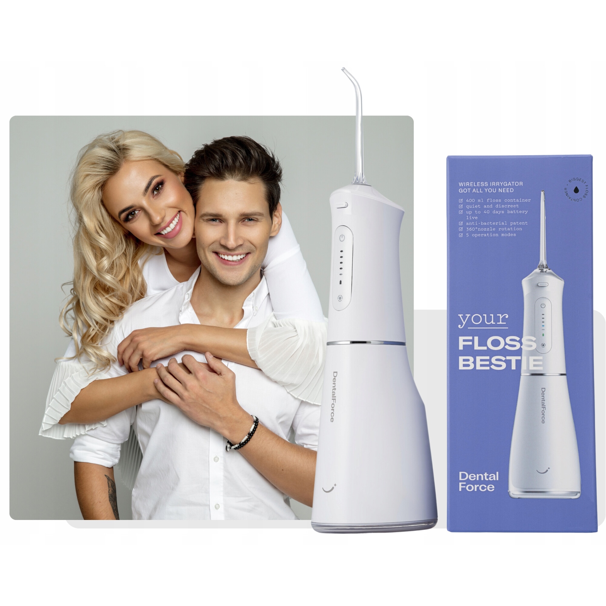 Безжичен зъбен душ, DentalForce, FlossBuddy, DFOI8005W, 400 ml, 5 ...
