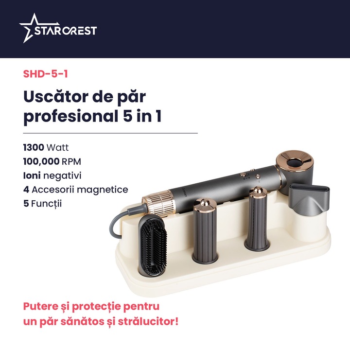 Uscator de par profesional STARCREST SHD-5-1, 1300 W, 4 Accesorii ...