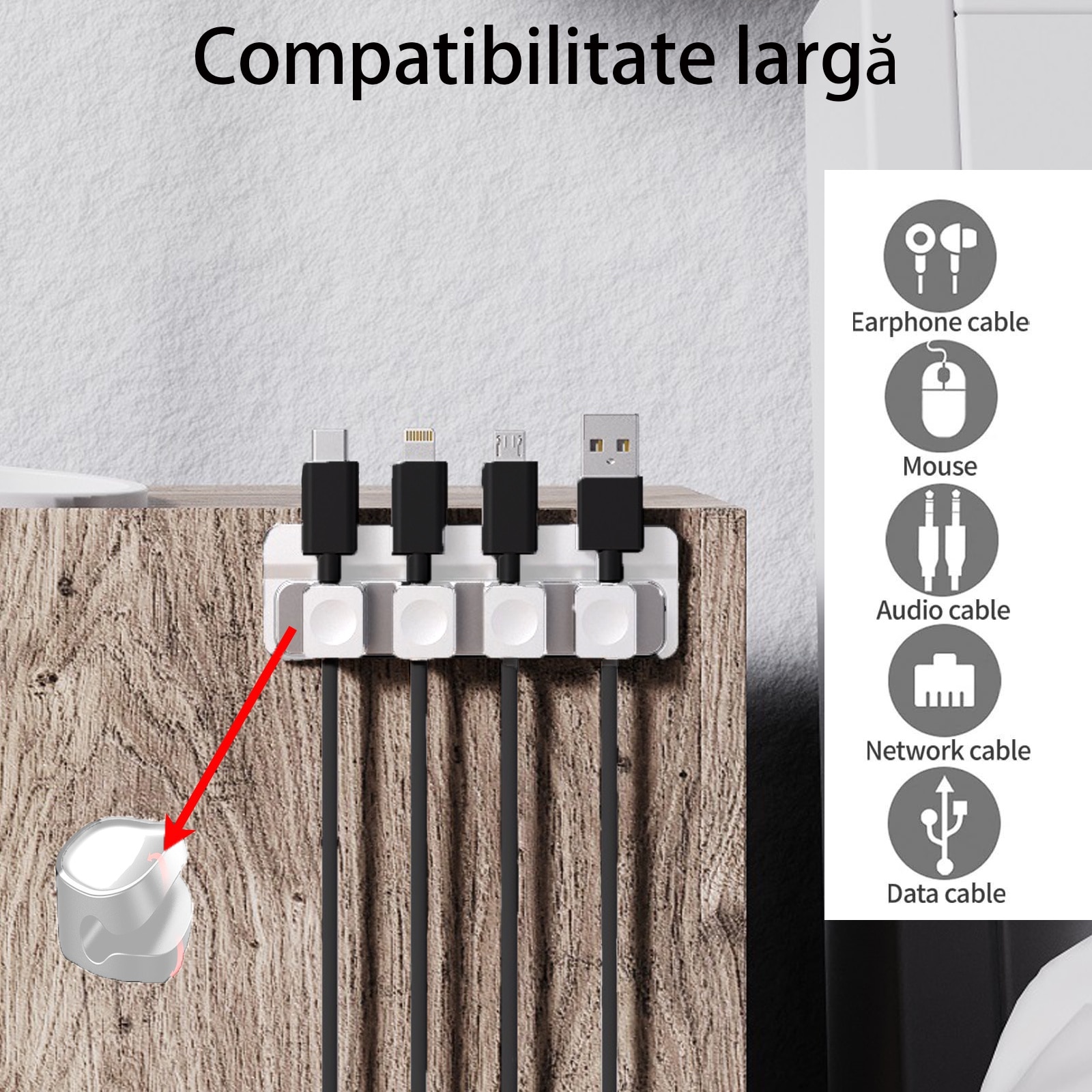 Organizator de cabluri magnetic, reglabil, alb, pentru birou/masina ...