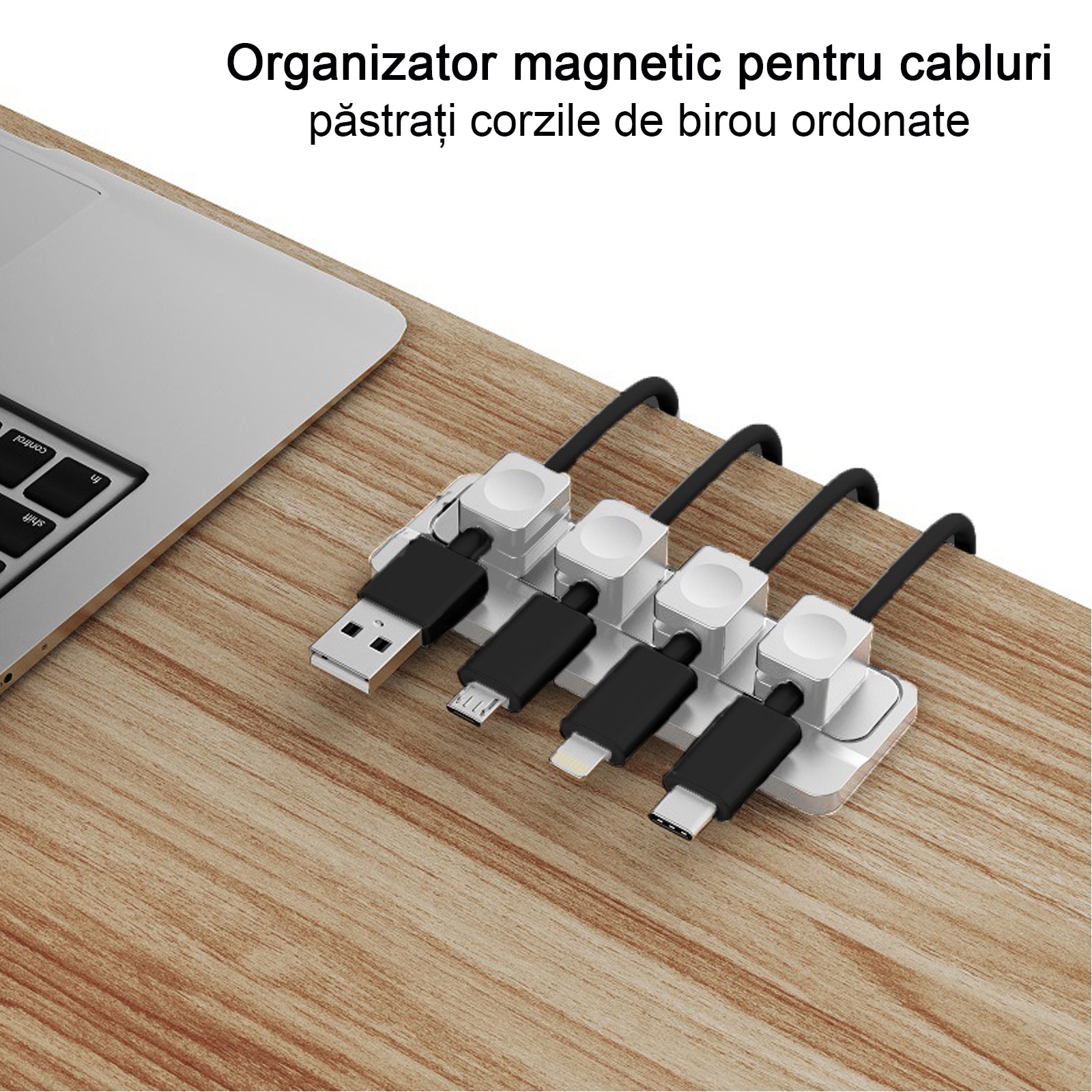 Organizator de cabluri magnetic, reglabil, alb, pentru birou/masina ...