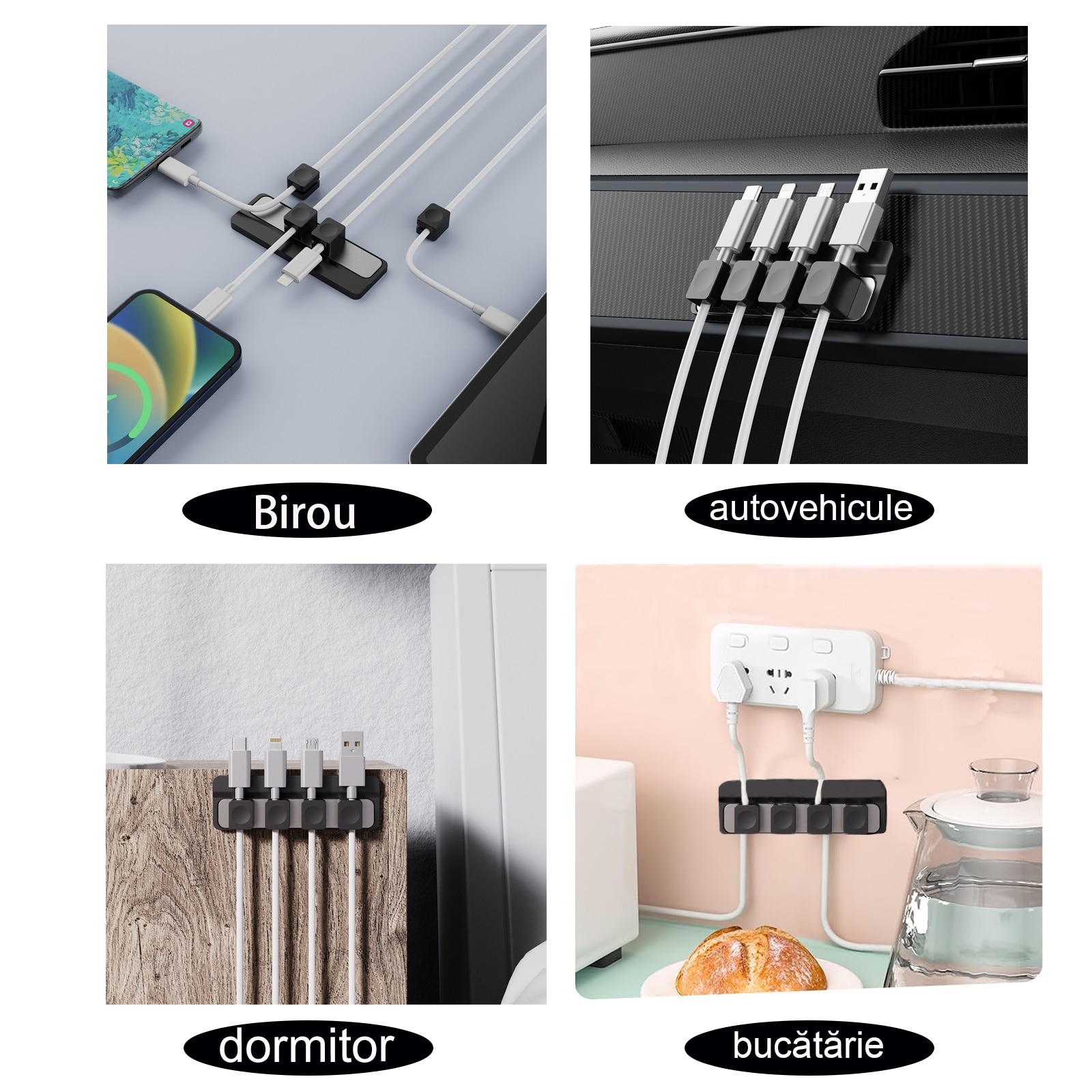 Organizator de cabluri magnetic, reglabil, negru, pentru birou/masina ...