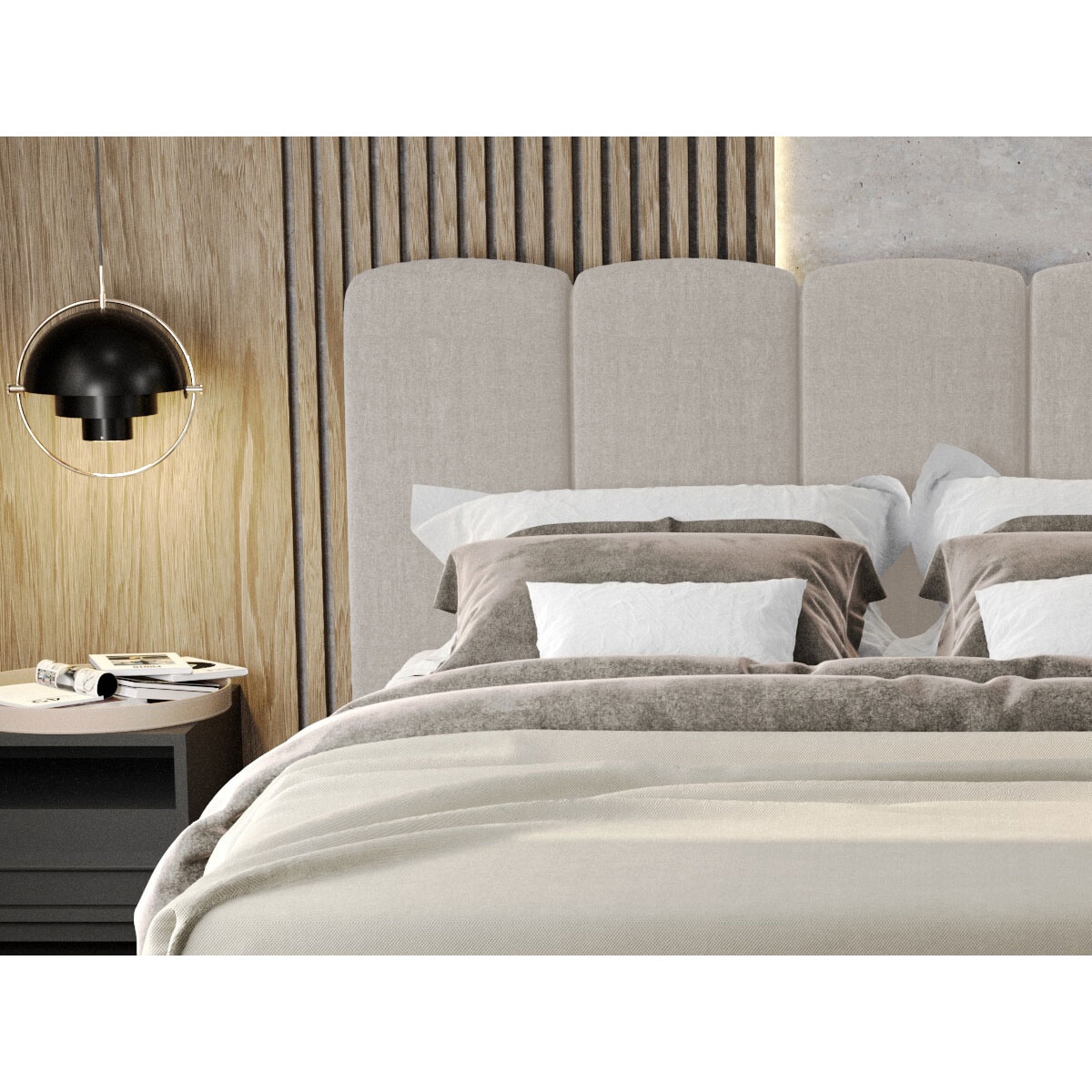 Pat dublu tapitat Nuvole, cadru lemn si pal, 140x200 cm, crem, cu ...