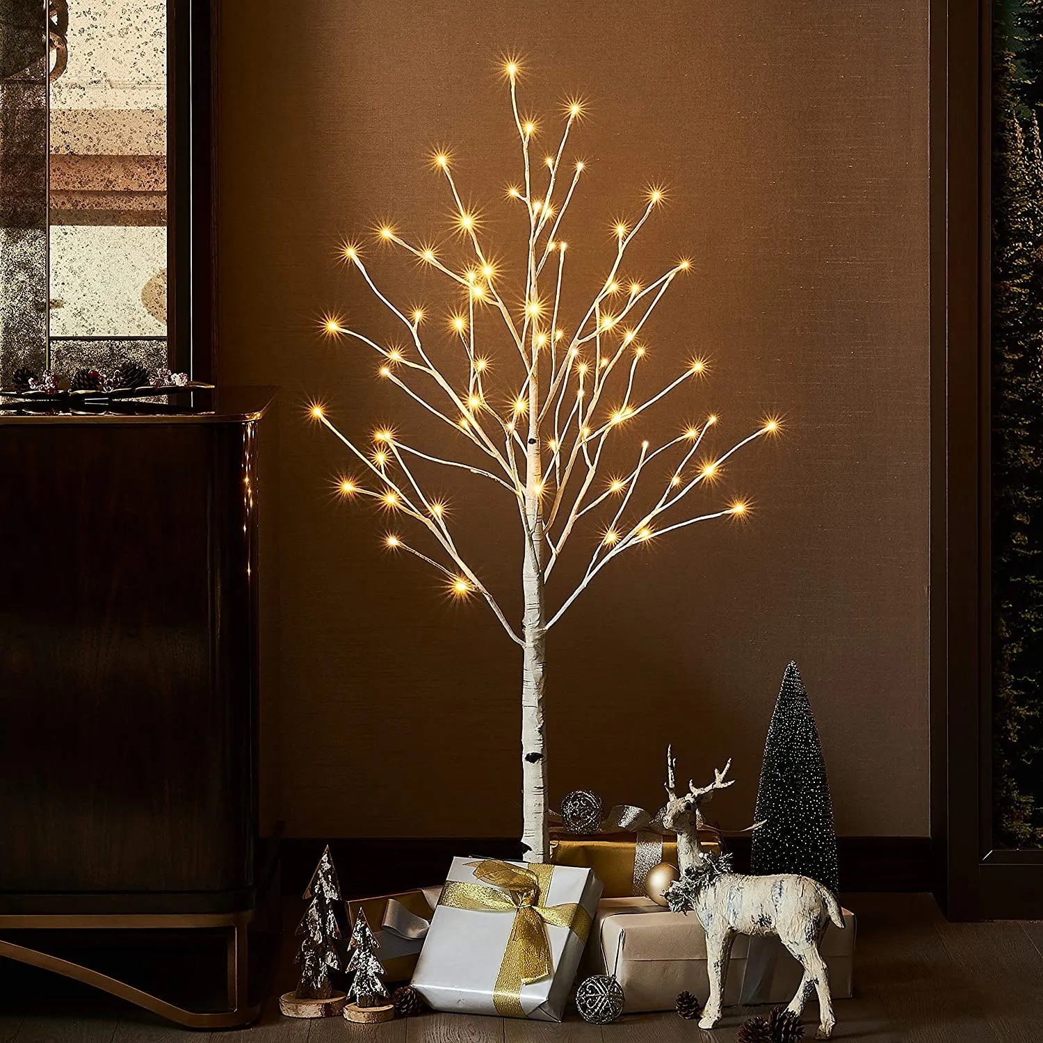 Copacel Decorativ Mesteacan cu LED-uri, 120 cm, Pom de Sarbatori cu ...