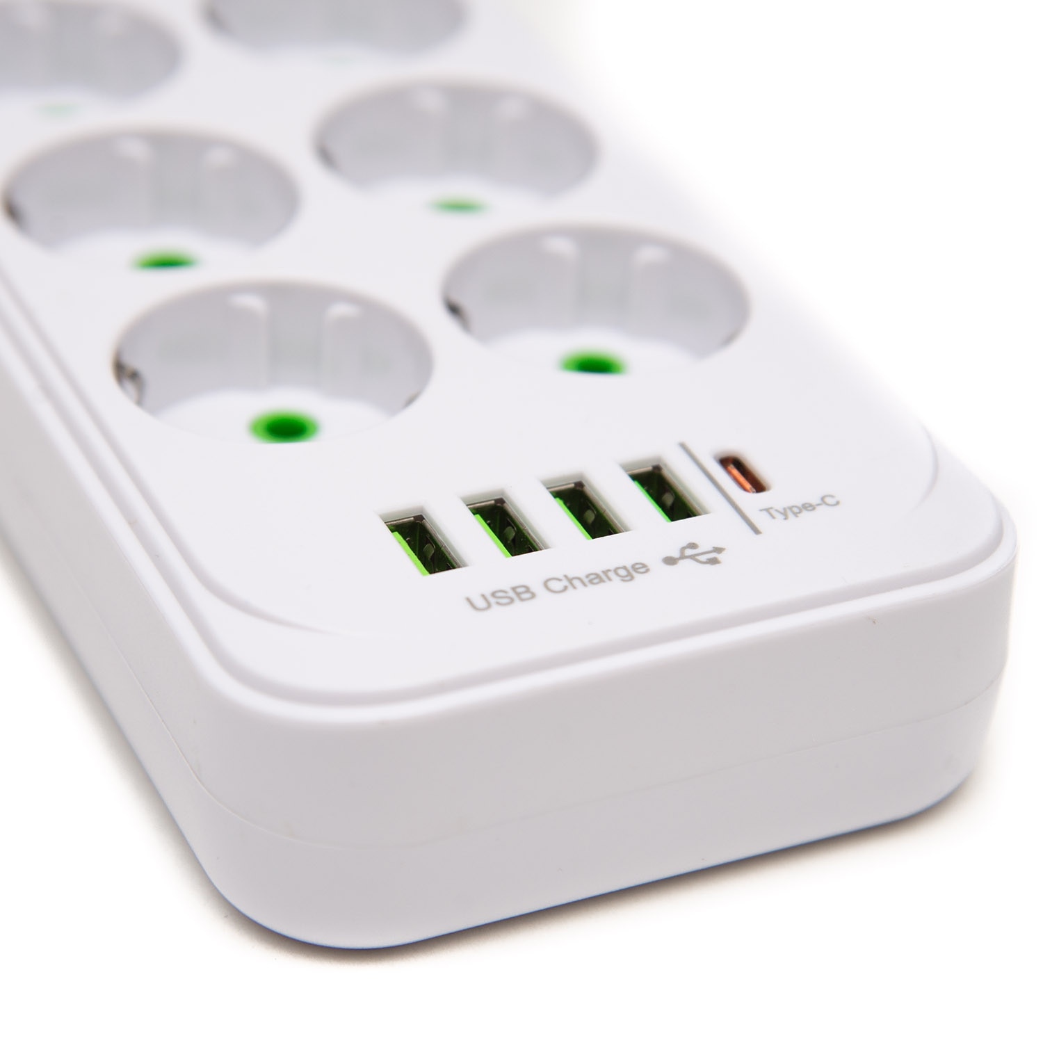 Prelungitor 6 prize, 4 porturi USB si 1 port USB-C, cu impamantare, alb ...