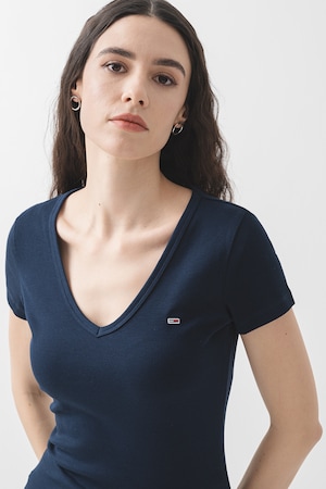 Tommy Jeans, Tricou slim fit cu decolteu in V, Bleumarin inchis, S ...